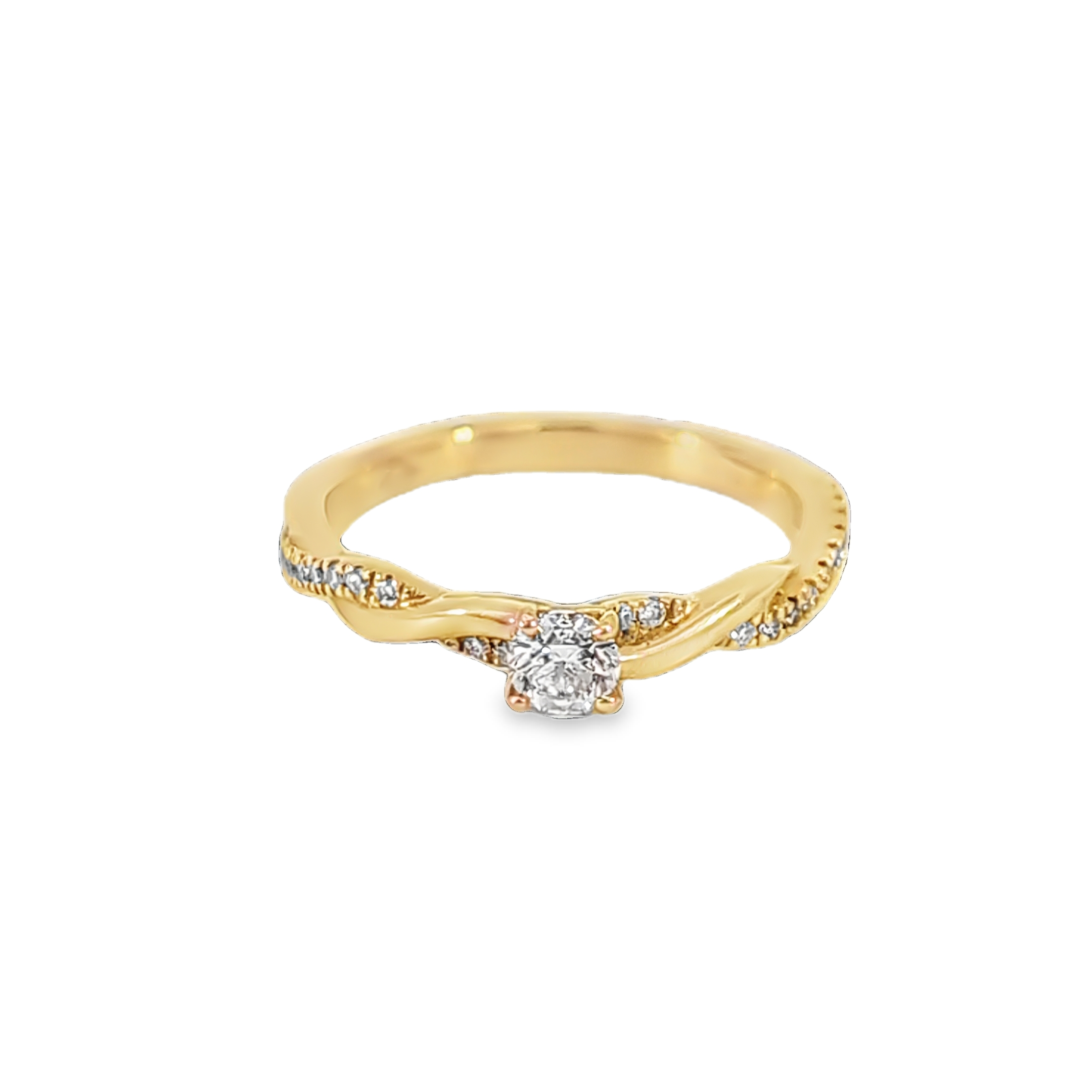 18ct Round Cut Gold Twist Ring with Diamond Set Shoulders - Aleks Jewellers